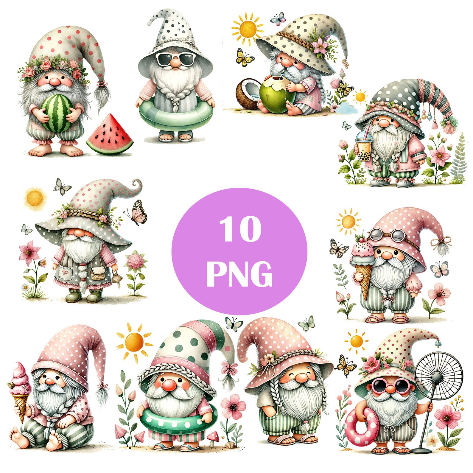Cute Summer-themed Gnome Clipart, DIGITAL DOWNLOAD, Cute Watercolor ...