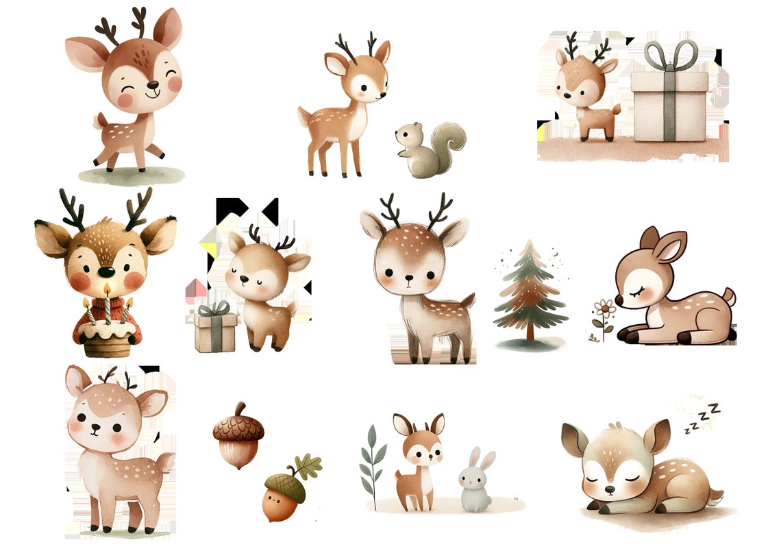 Happy Dirthday Deer Clipart, DIGITAL DOWNLOAD, Cute Watercolor, Baby ...