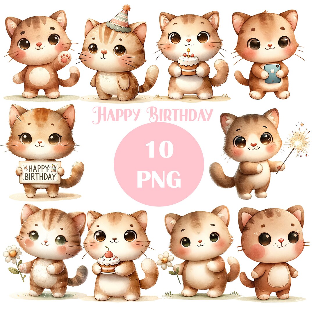 Happy Dirthday Cat Clipart, DIGITAL DOWNLOAD, Cute Watercolor, Baby ...