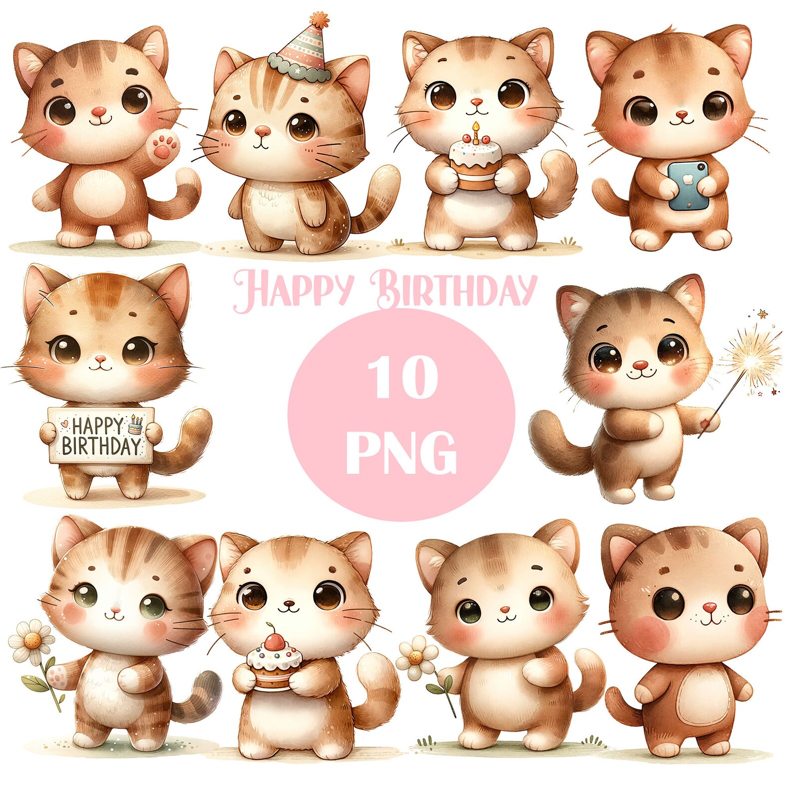Happy Dirthday Cat Clipart, DIGITAL DOWNLOAD, Cute Watercolor, Baby ...
