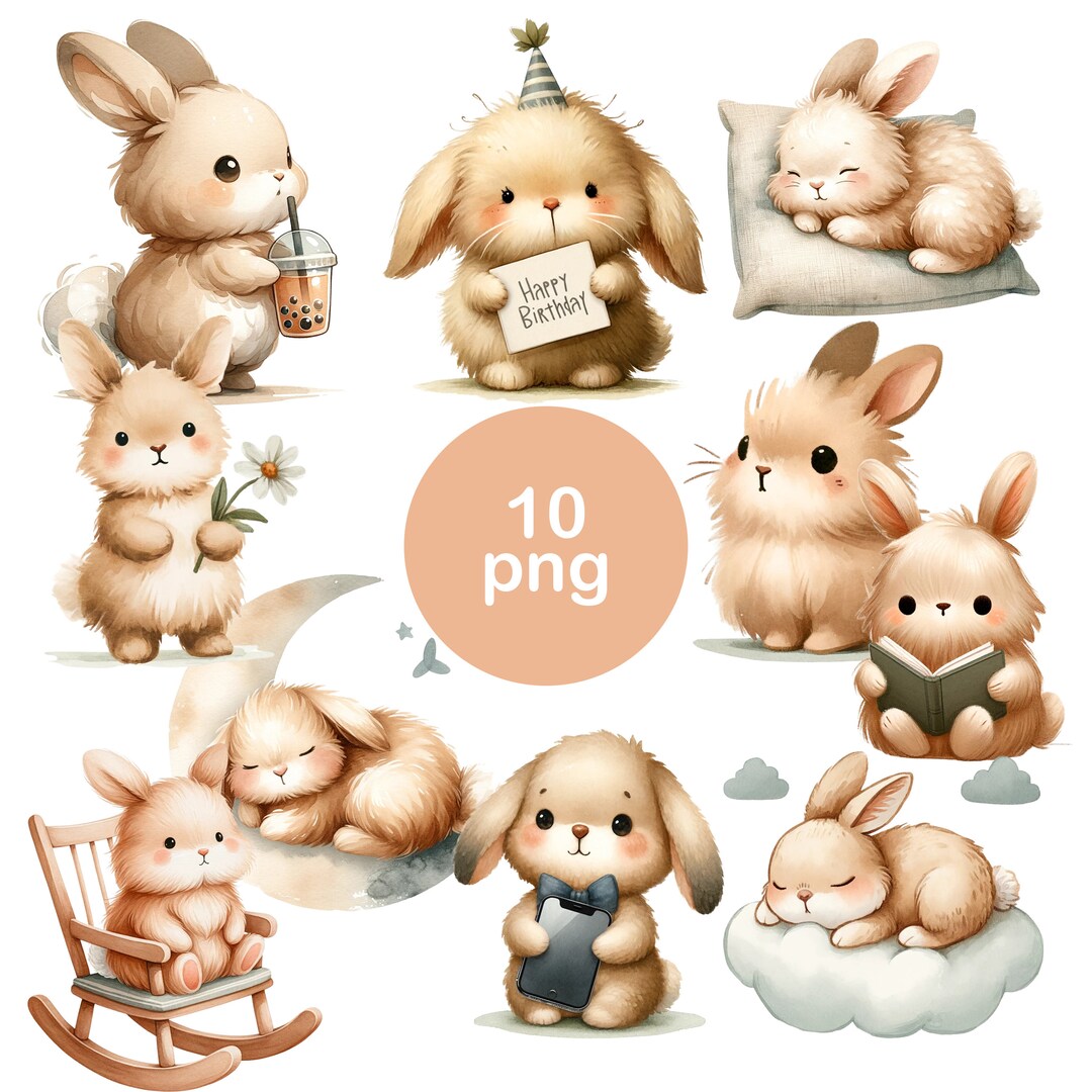Happy Dirthday Rabbit Clipart, DIGITAL DOWNLOAD, Cute Watercolor, Baby ...