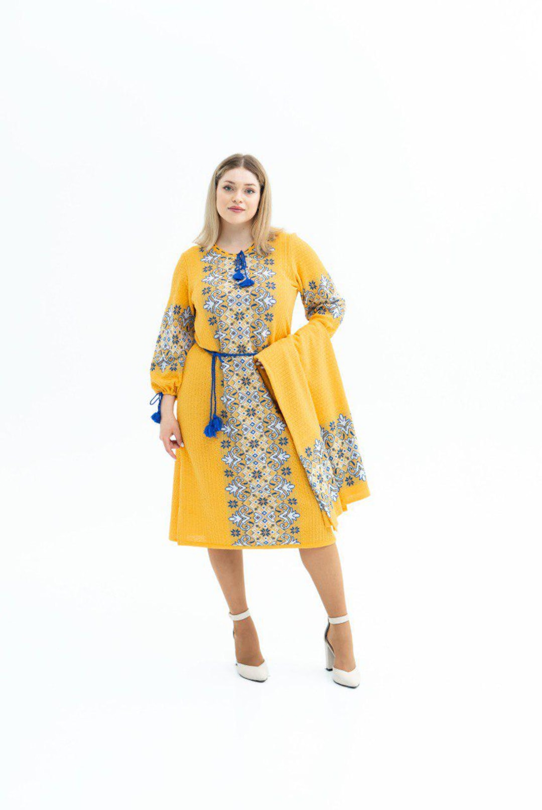 Embroidered Yellow Vyshyvanka Dress With Belt & Cardigan, Womens ...