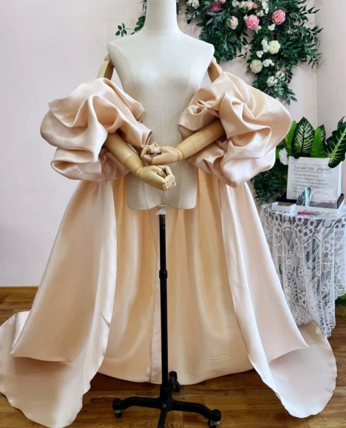 Mikado Satin Champagne Long Wedding Cape, Puffy Short Sleeves Bridal ...