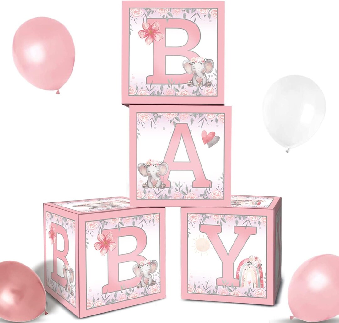 Pink Elephant Baby Balloon Box Decorations DIY Pink Baby Letter Blocks ...