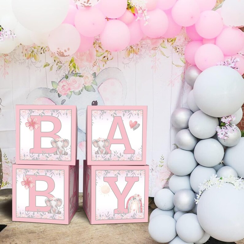 Pink Elephant Baby Balloon Box Decorations DIY Pink Baby Letter Blocks ...