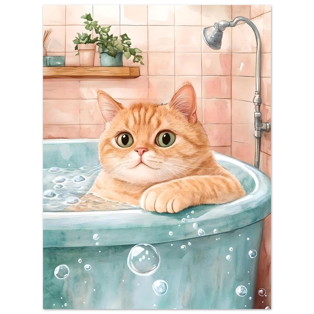 Cat Themed Poster, Orange Tabby Cat in Bubble Bath Art Print, Funny ...