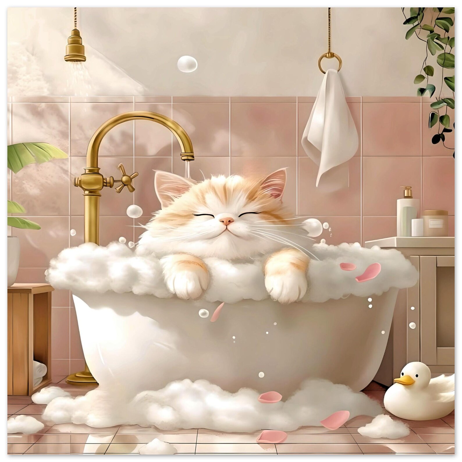 Cat Themed Poster, Orange Tabby Cat in Bubble Bath Art, Funny Bathroom ...