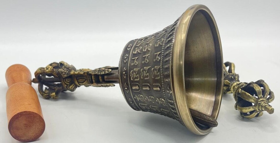 Handmade Tibetan Vajra Bell Set: Sacred Mantra Etched for Meditation - Etsy