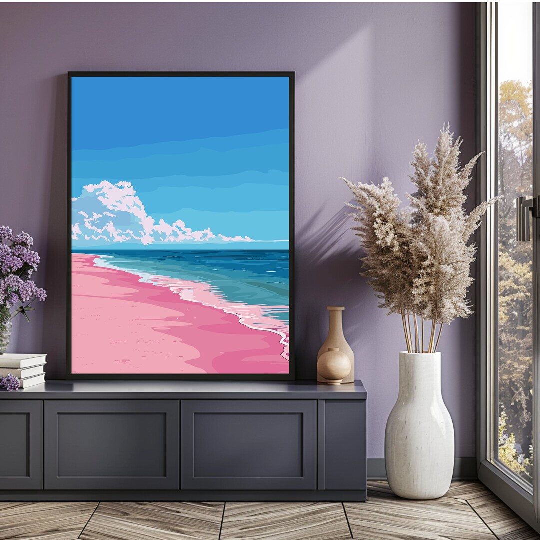 Pink Beach Vintage Art Poster, Hiroshi Nagai Minimalist Art Print, Pink ...