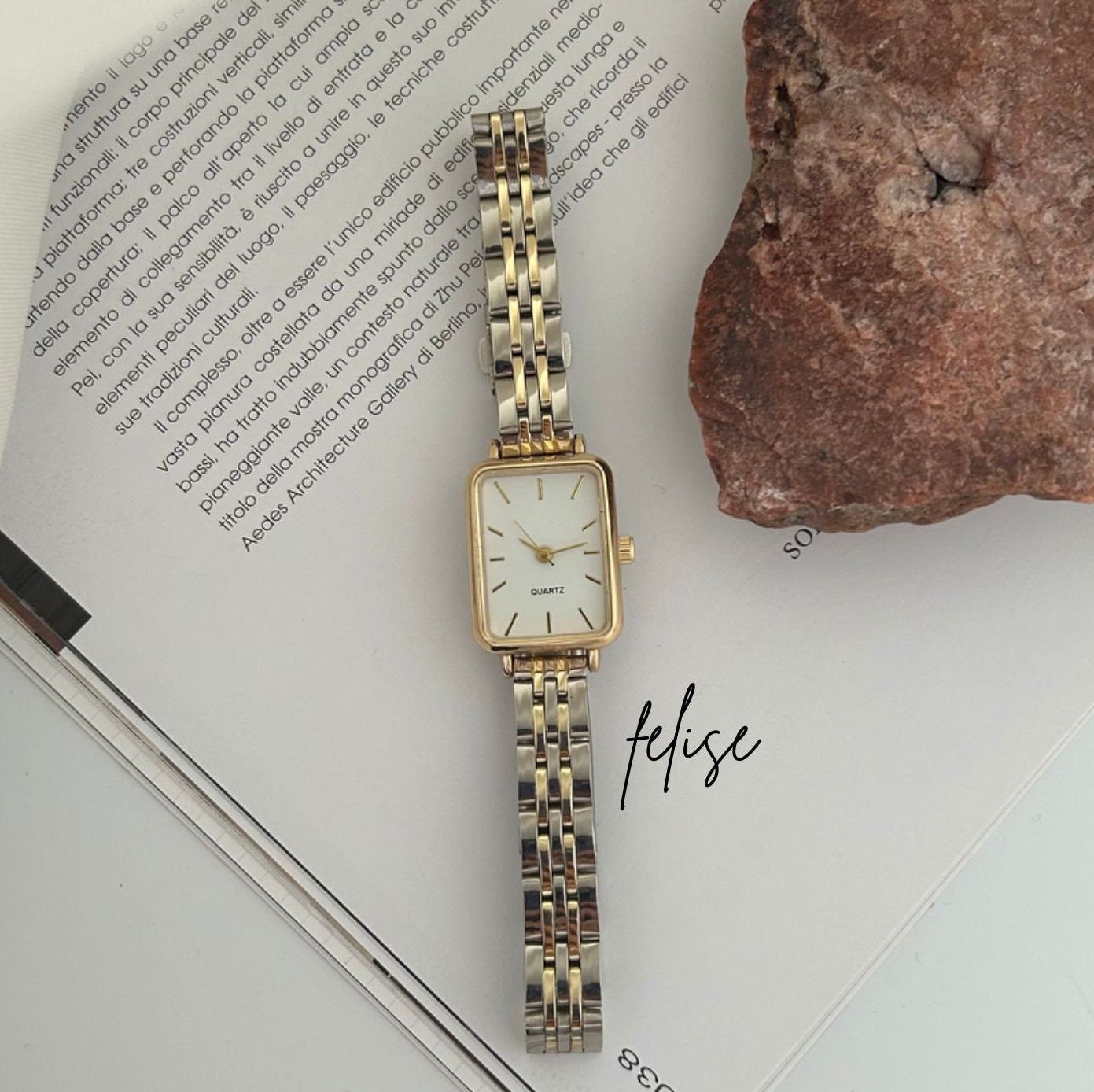 Gold & Silver Womens Wrist Watch, Dainty Womens Watch, Rectangle Dial Watch, Two Tone Womens ...