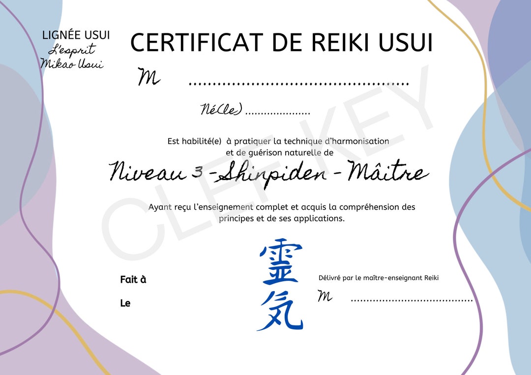 Customizable 3rd Degree Usui Reiki Certificate With Lineage in French ...