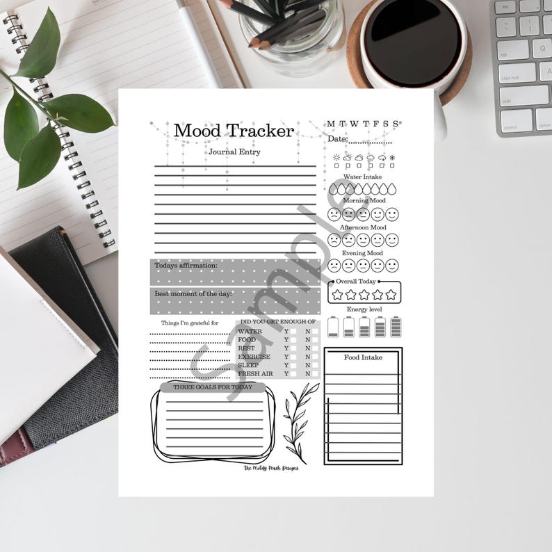 Daily Mood Tracker Journal Printable, Wellness, Productivity (digital ...