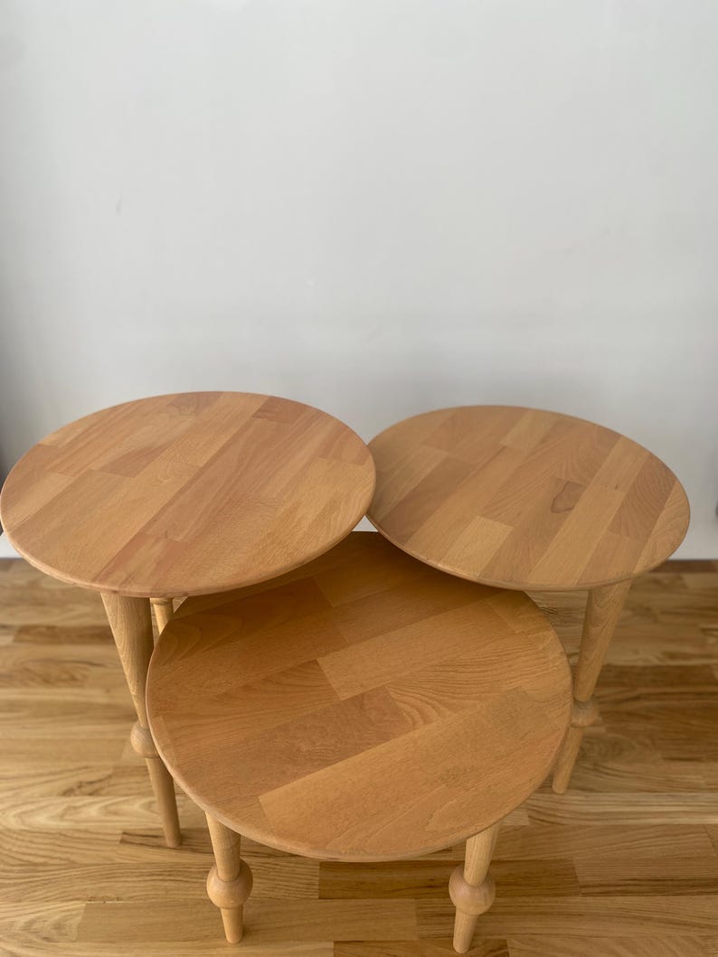 Natural Wood Beech Tree Triple Coffee Table Set, Wooden Coffee Table ...