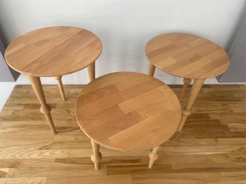 Natural Wood Beech Tree Triple Coffee Table Set, Wooden Coffee Table ...