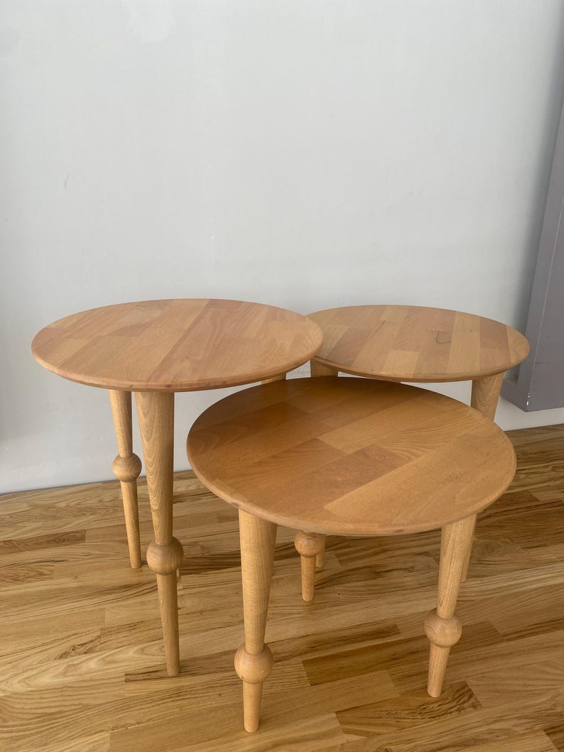 Natural Wood Beech Tree Triple Coffee Table Set, Wooden Coffee Table ...