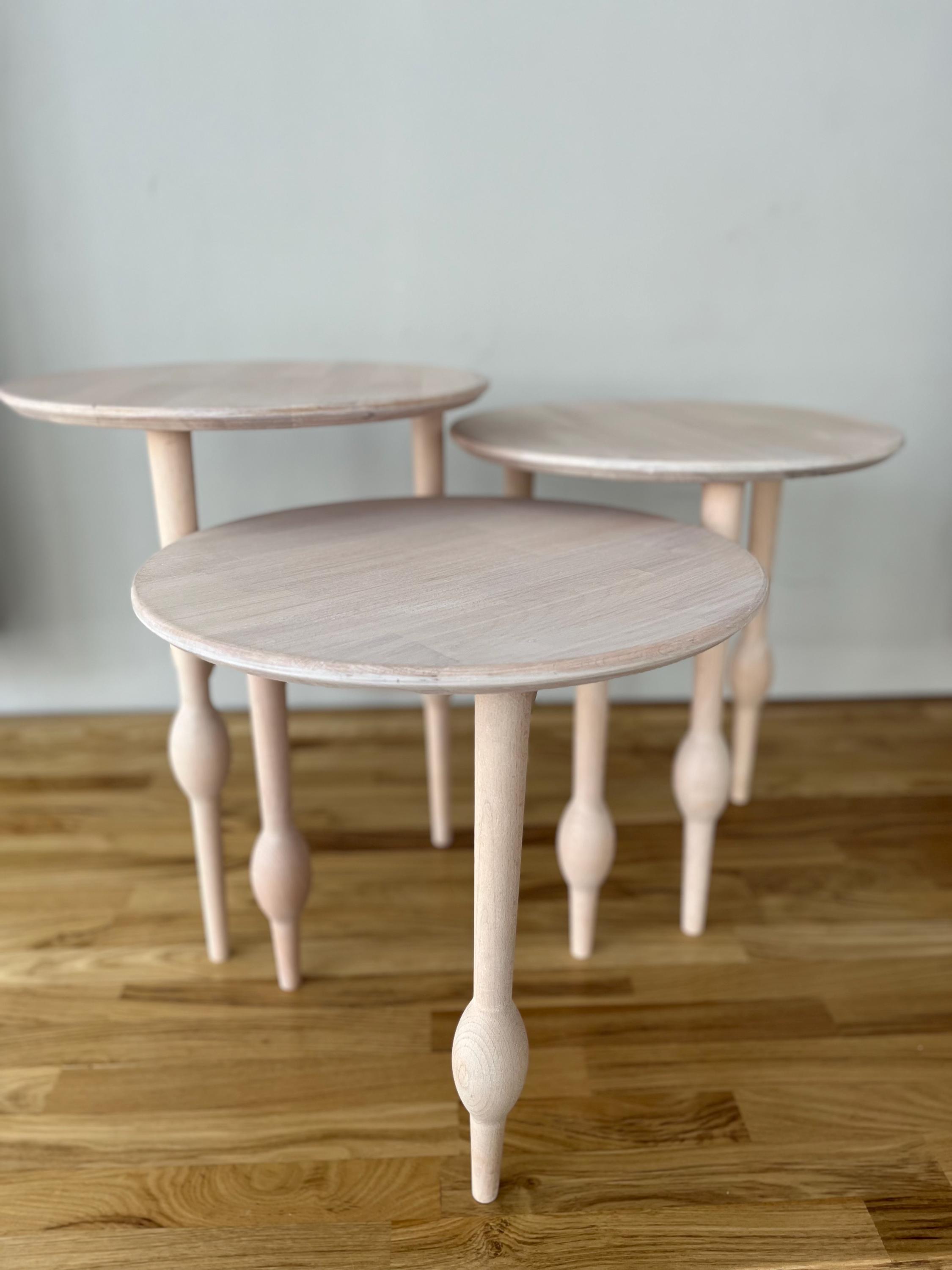 Natural Wood Beech Tree Triple Coffee Table Set, Wooden Coffee Table ...