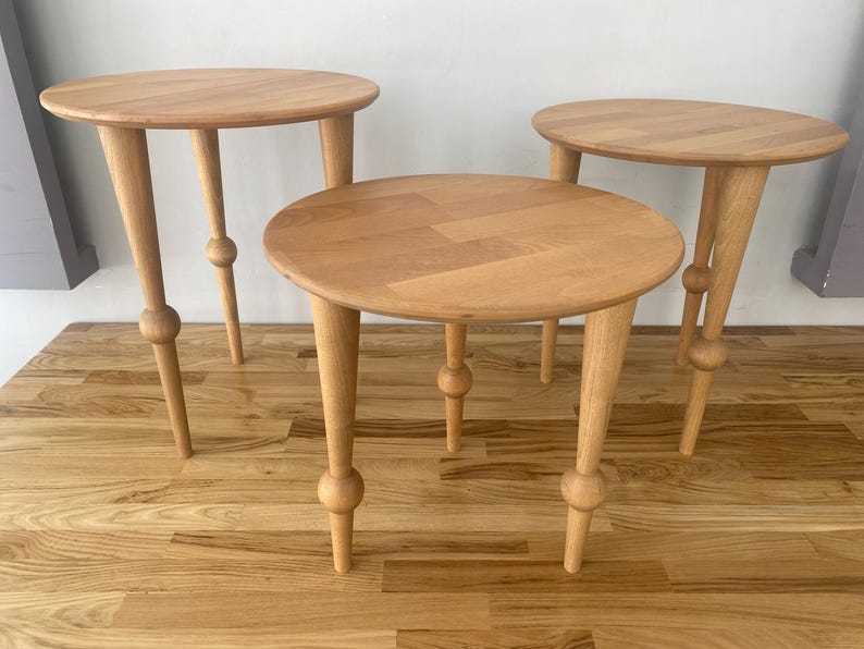 Natural Wood Beech Tree Triple Coffee Table Set, Wooden Coffee Table ...