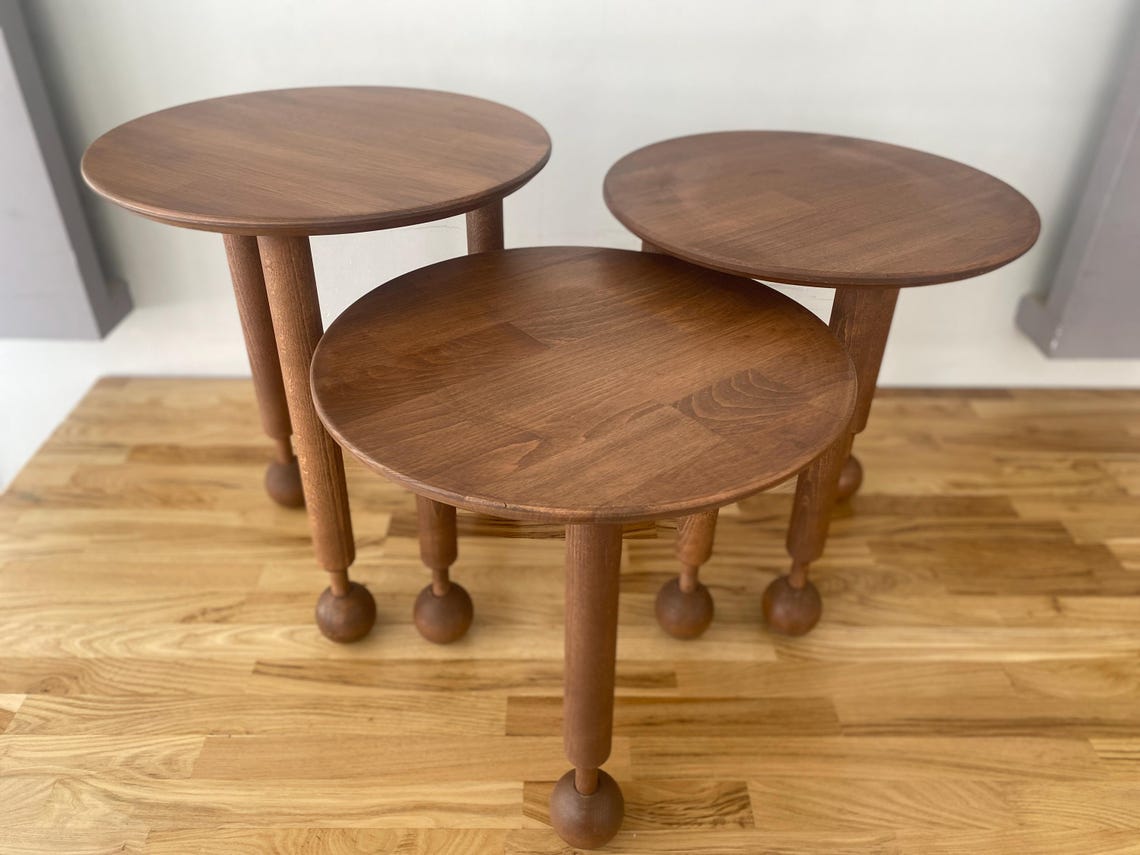 Natural Wood Beech Tree Triple Coffee Table Set, Wooden Coffee Table ...