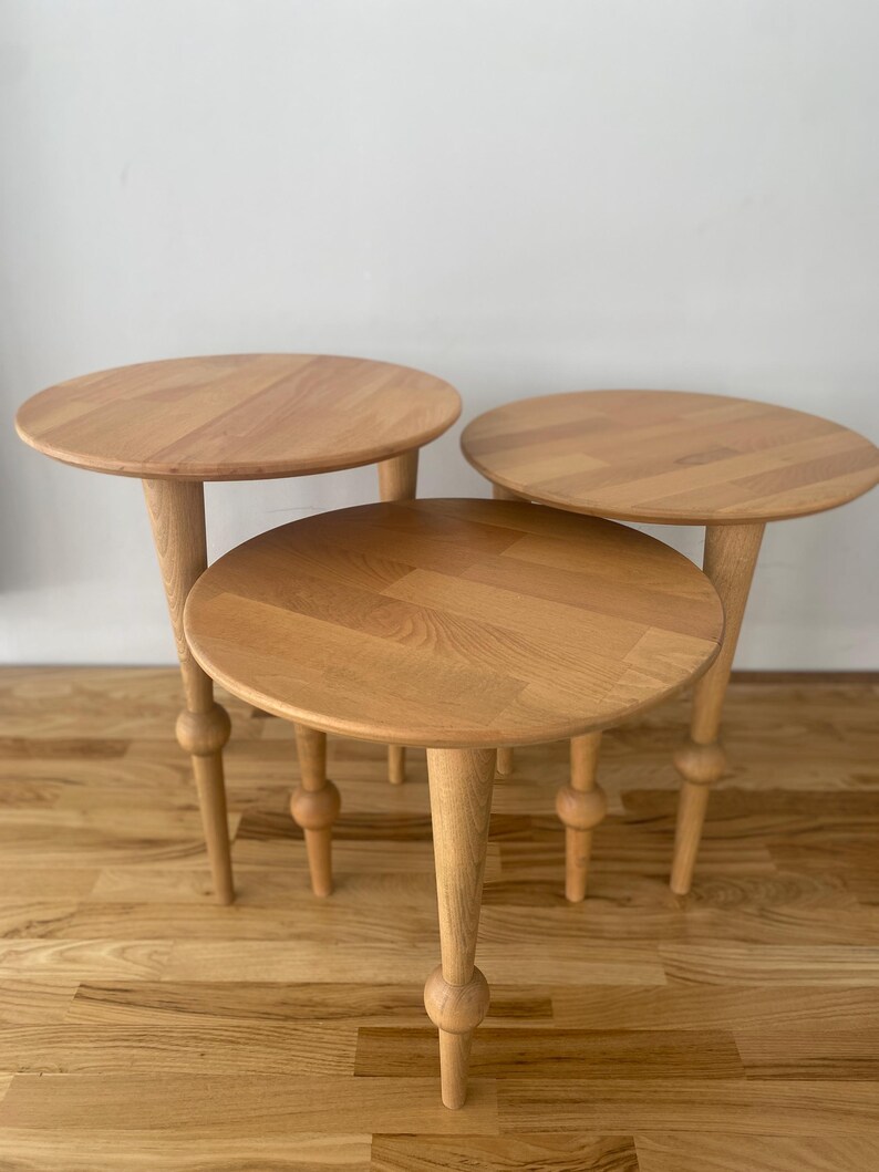 Natural Wood Beech Tree Triple Coffee Table Set, Wooden Coffee Table ...