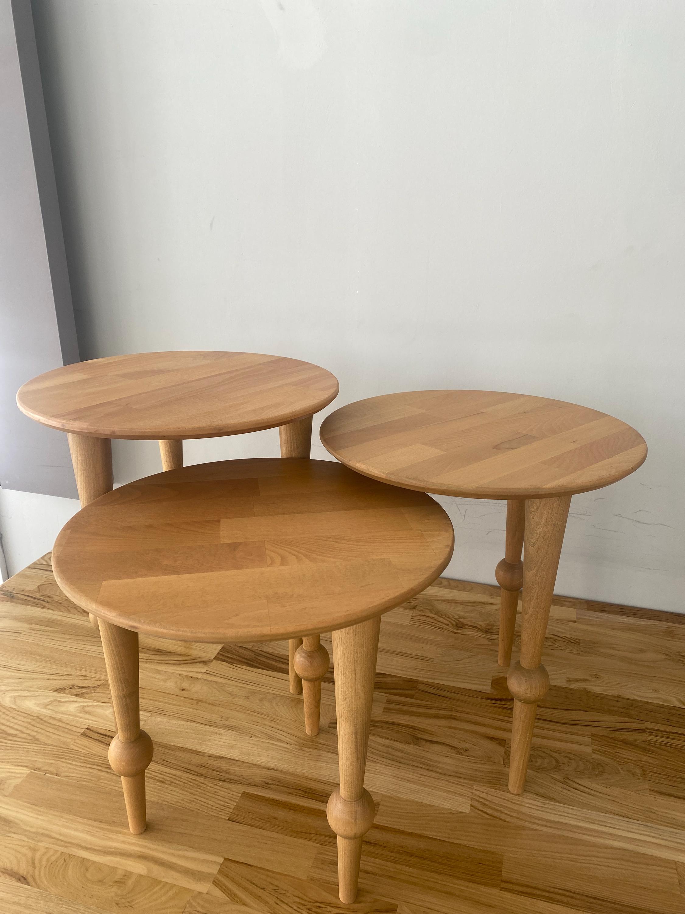 Natural Wood Beech Tree Triple Coffee Table Set, Wooden Coffee Table ...