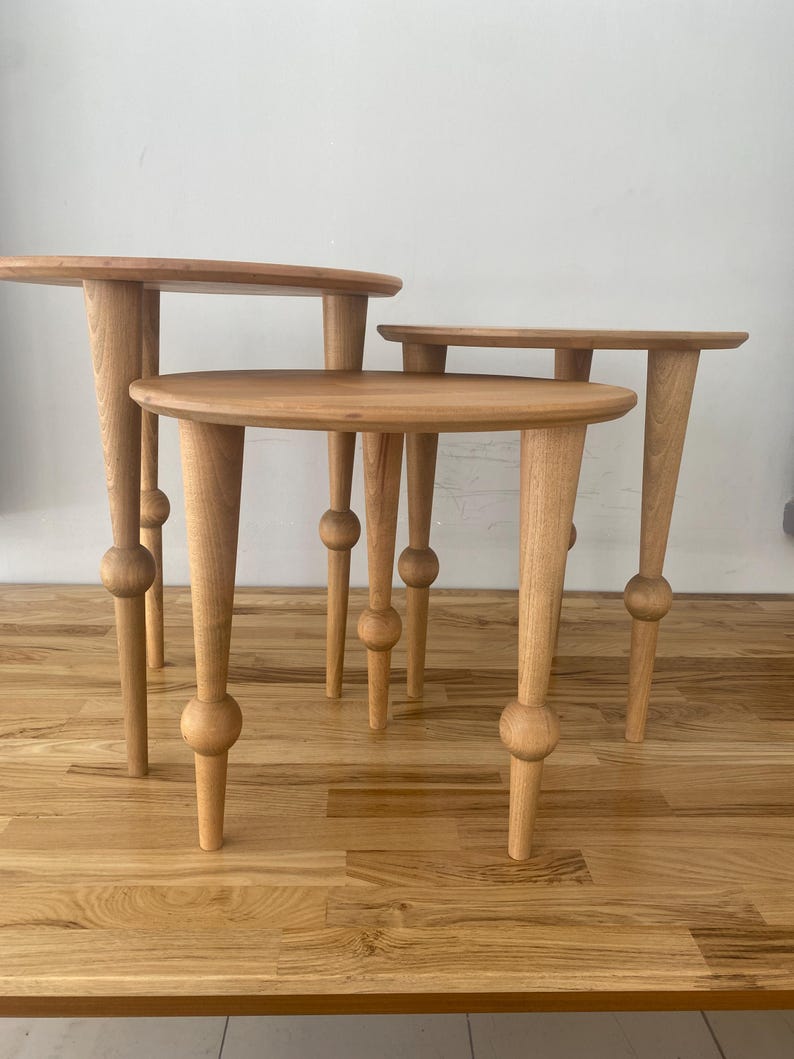 Natural Wood Beech Tree Triple Coffee Table Set, Wooden Coffee Table ...