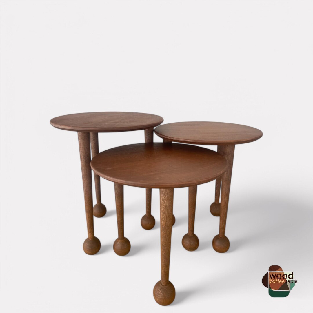 Natural Wood Beech Tree Triple Coffee Table Set, Wooden Coffee Table, Side Tables, Center Table ...