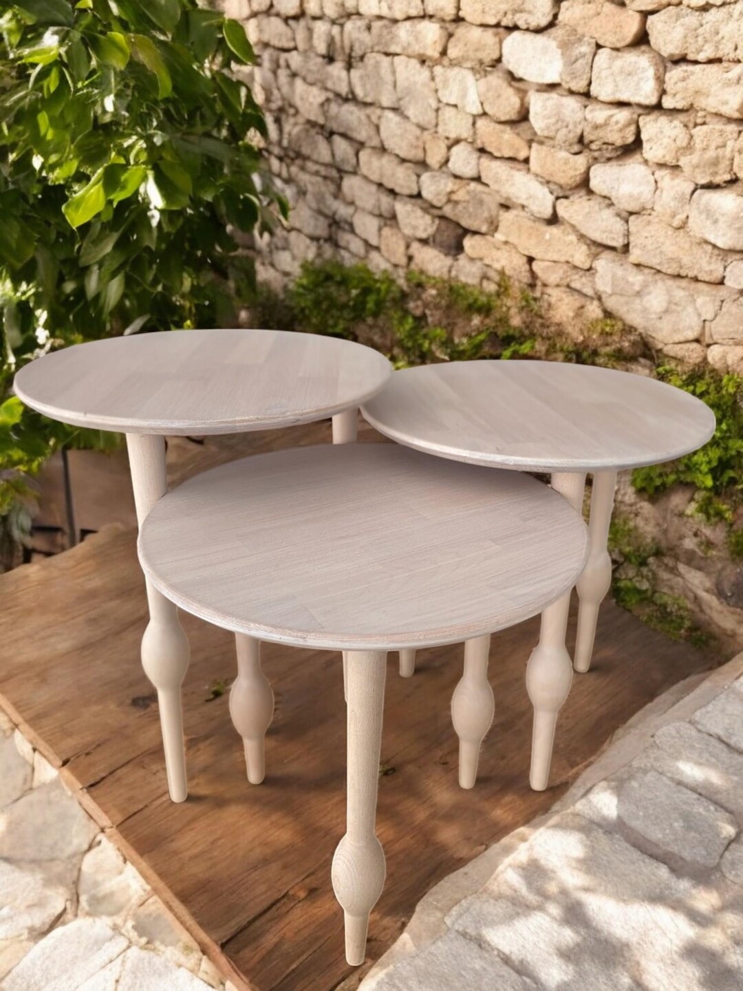 Natural Wood Beech Tree Triple Coffee Table Set, Wooden Coffee Table, Side Tables, Center Table ...