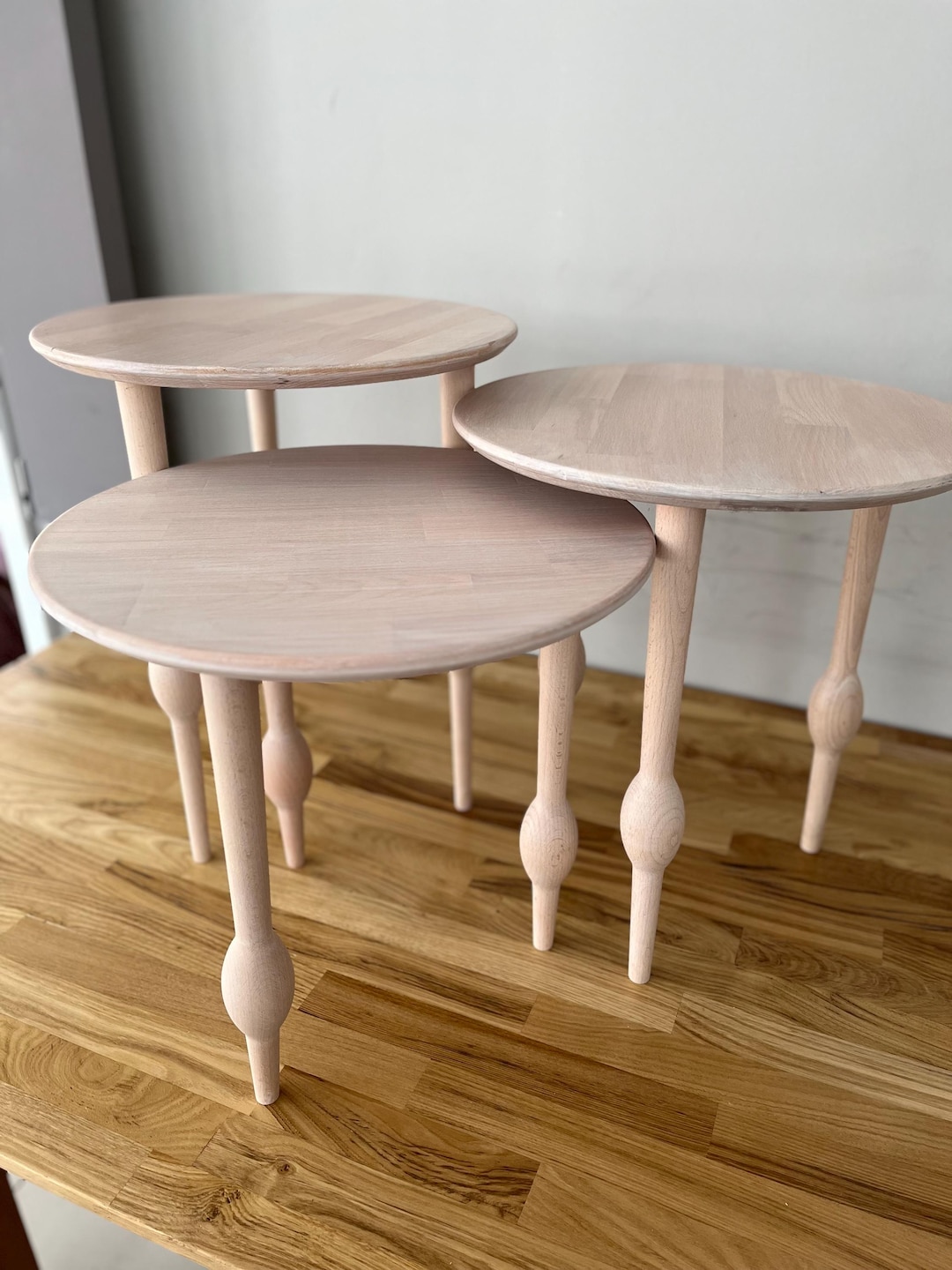 Natural Wood Beech Tree Triple Coffee Table Set, Wooden Coffee Table ...