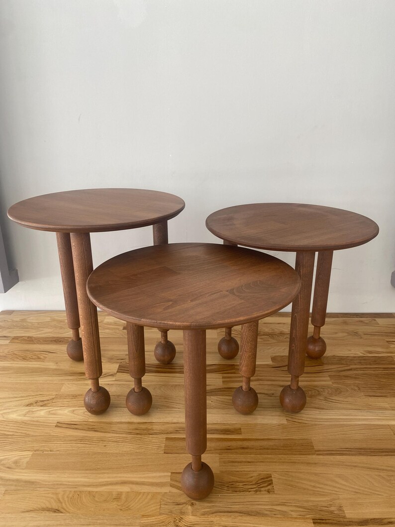 Natural Wood Beech Tree Triple Coffee Table Set, Wooden Coffee Table ...
