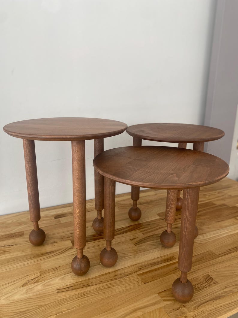Natural Wood Beech Tree Triple Coffee Table Set, Wooden Coffee Table ...
