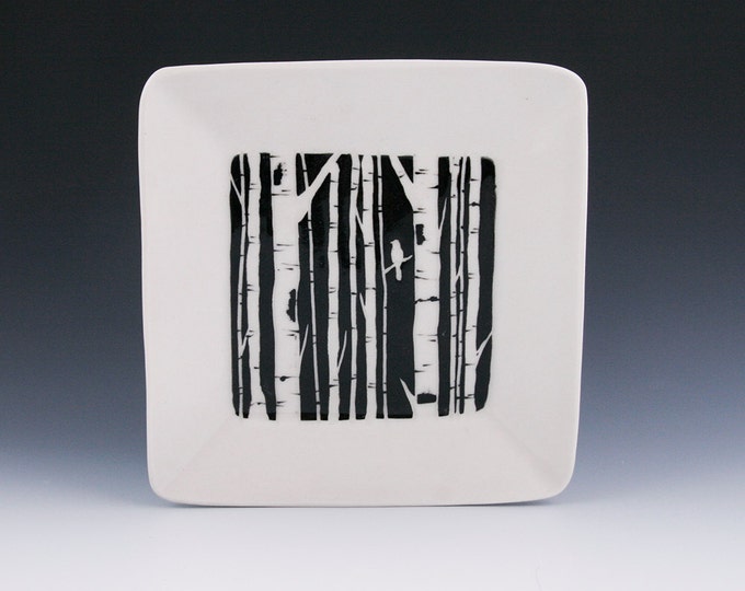 Black and White Plate With Sgraffito Carved Birch Tree Design - Etsy