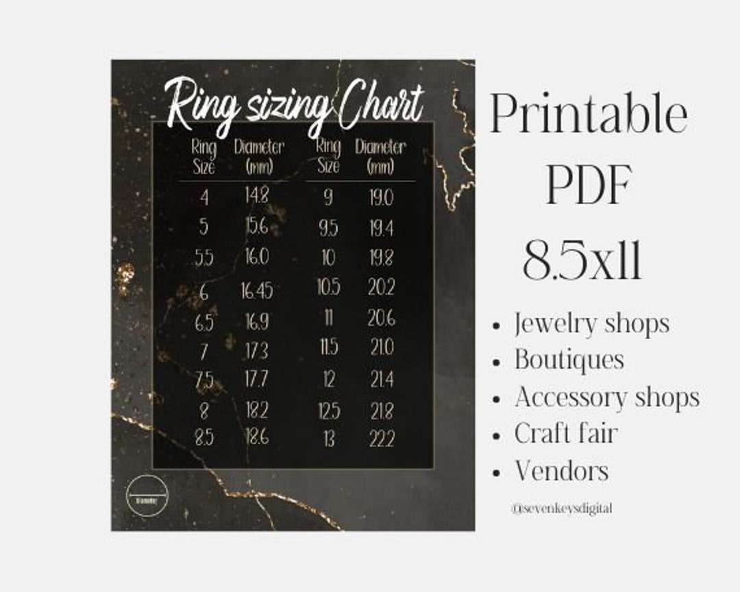 Printable Ring Size Chart Jewelry Black Watercolor Gold Specks Display ...