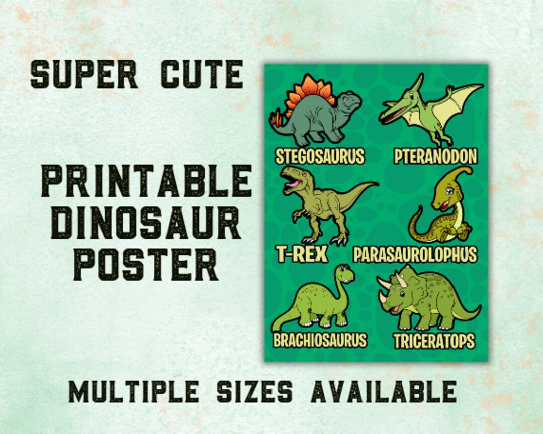 Printable Dinosaur Poster Green Colorful Fun Dino Print Background T ...