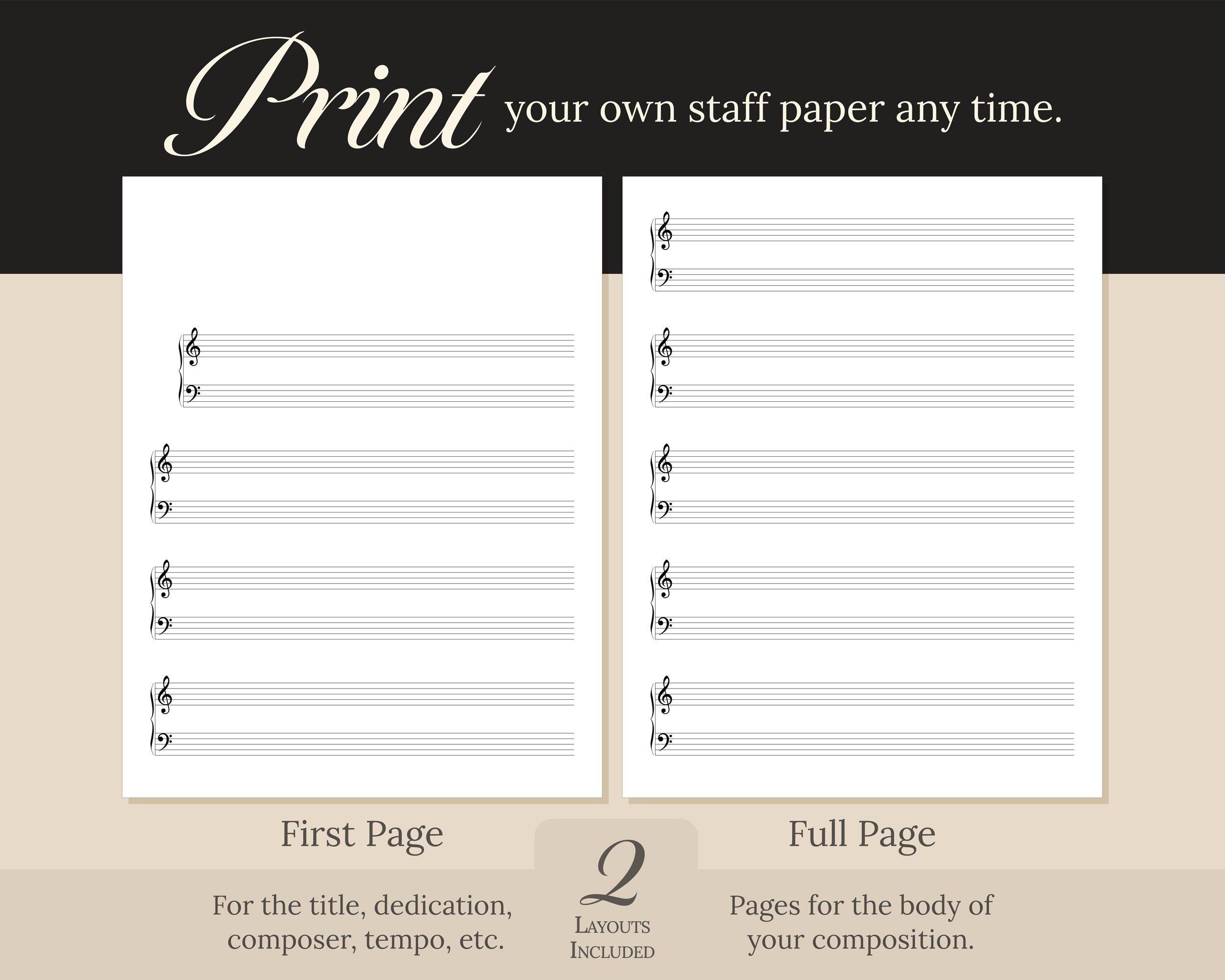 Printable Wide 10mm Blank Music Composition Paper - Piano Grand Staff ...