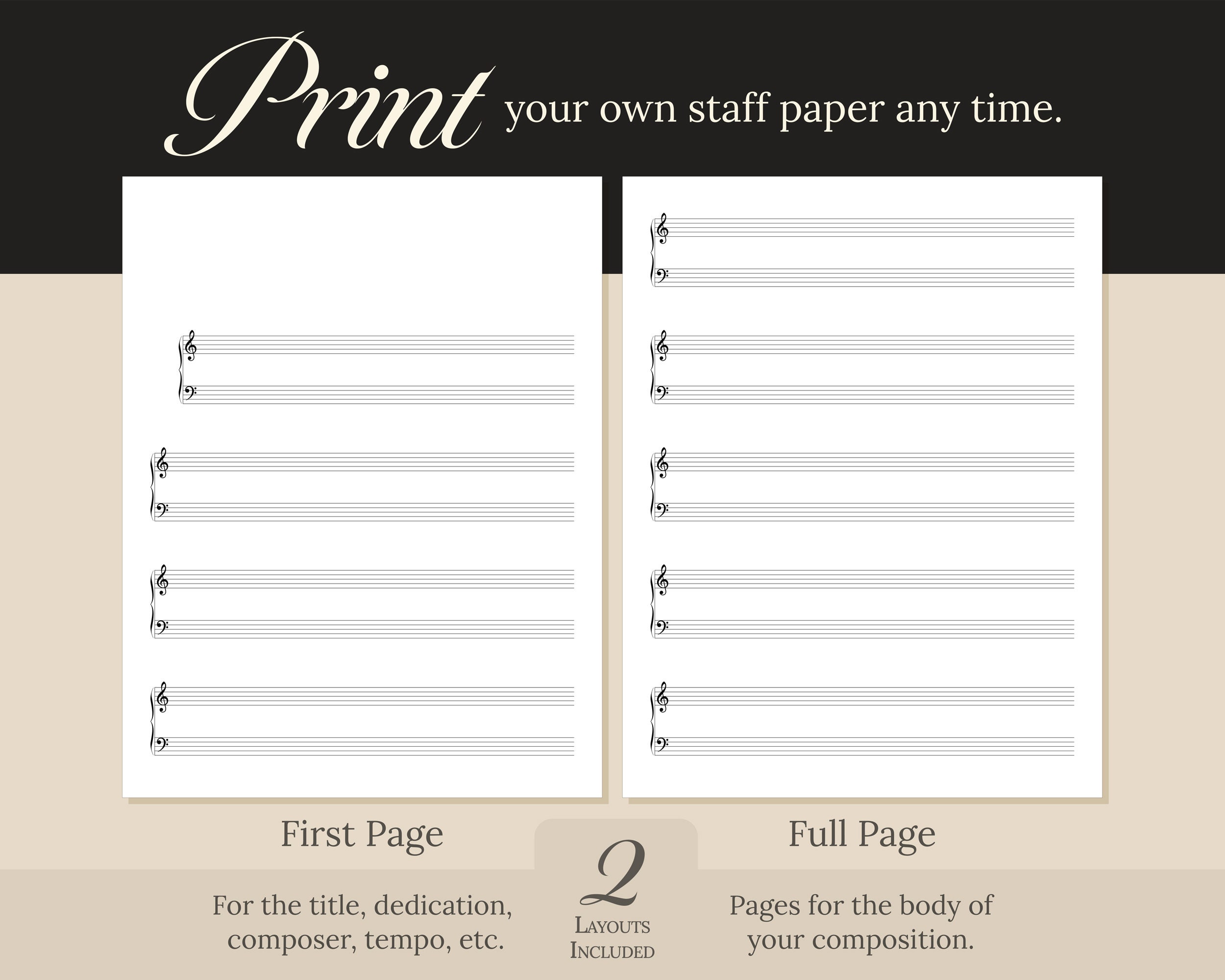 Printable Music Staff Paper: Medium 8mm, A4/letter Size (PDF Download ...
