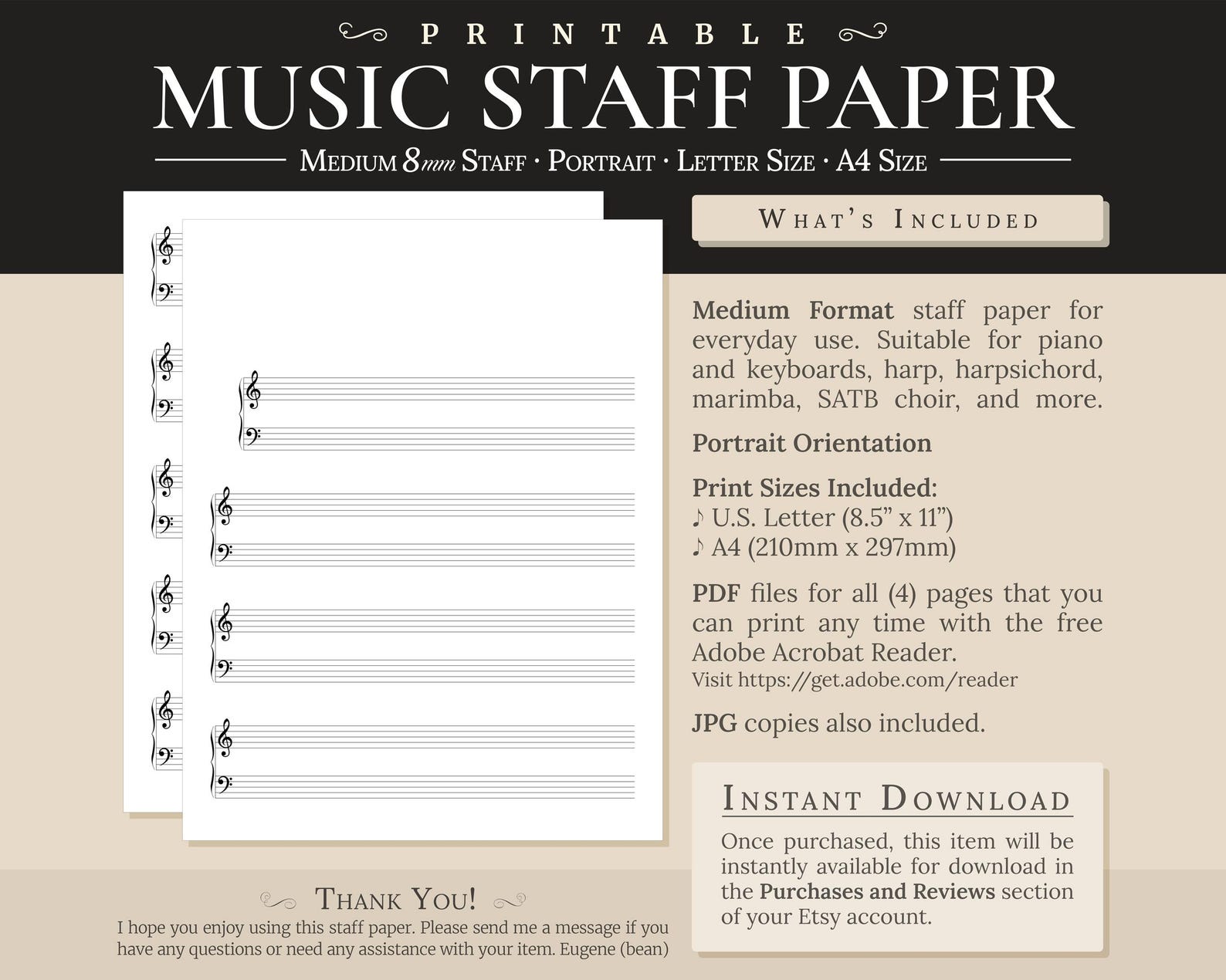 Printable Music Staff Paper: Medium 8mm, A4/letter Size (PDF Download ...
