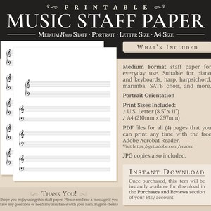Printable Music Staff Paper: Medium 8mm, A4/letter Size (PDF Download ...
