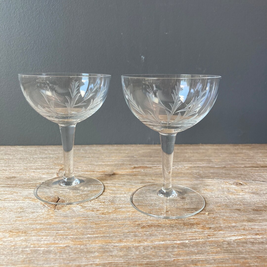 1950s Etched Cordial Glasses - Set of 2 Floral Cordial Glasses - Footed ...
