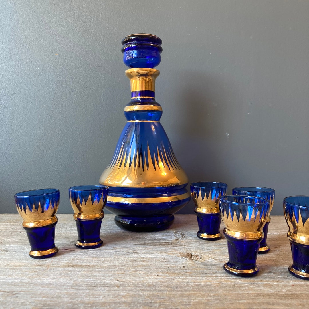 Bohemian Blue Glass Gold Overlay Decanter - Hand Blown Glass - Etsy