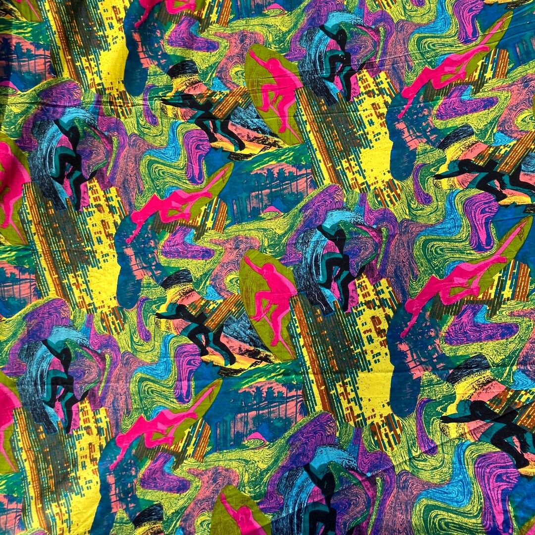 Vintage 80s Hawaiian Textiles - Pop Art Hawaiian Surf Print Fabric - Etsy