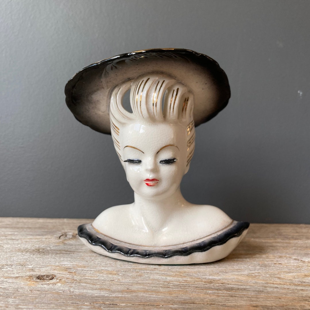 Vintage Japan Napco Ceramic Head Vase Black Hat Reticulated Hair - Etsy