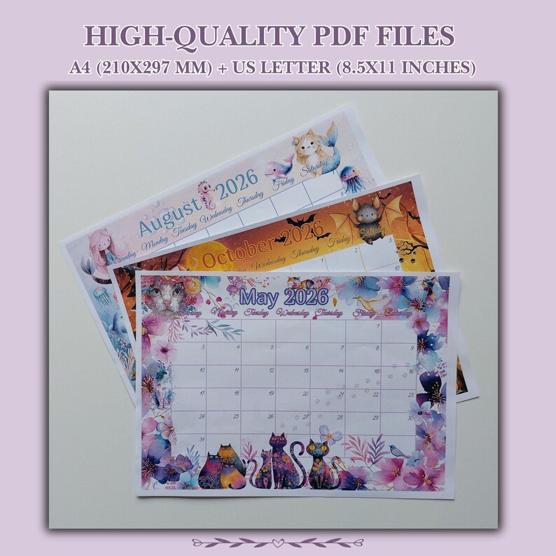 Printable 2026 Cats Calendar | Cute Cat Themed Wall Calendar | A4 & US ...