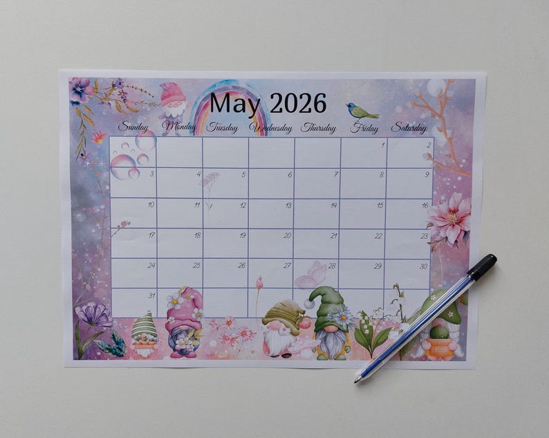 Printable 2026 Gnome Calendar | Cute Monthly Planner PDF | Printable ...