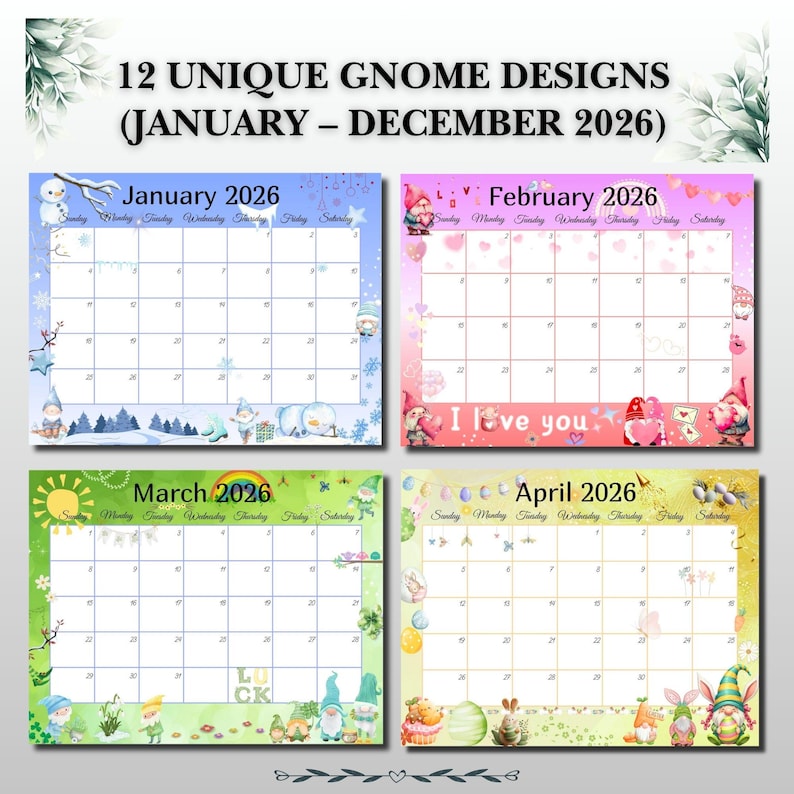 Printable 2026 Gnome Calendar: Monthly Planner (PDF) - Etsy UK