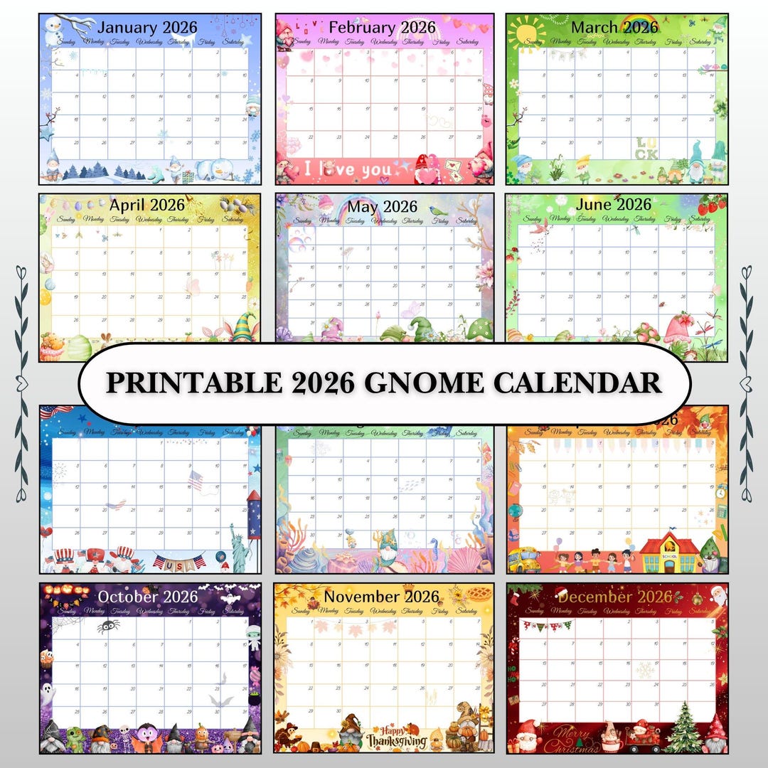 Printable 2026 Gnome Calendar: Monthly Planner (PDF) - Etsy