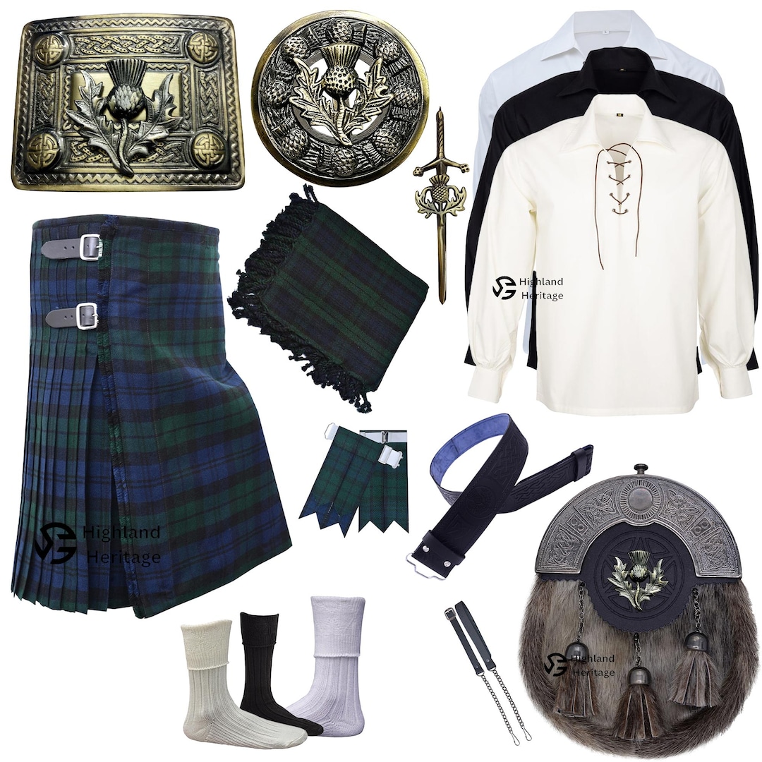 Traditional Black Watch Tartan Kilt Outfit - Authentic Thistle Emblem ...