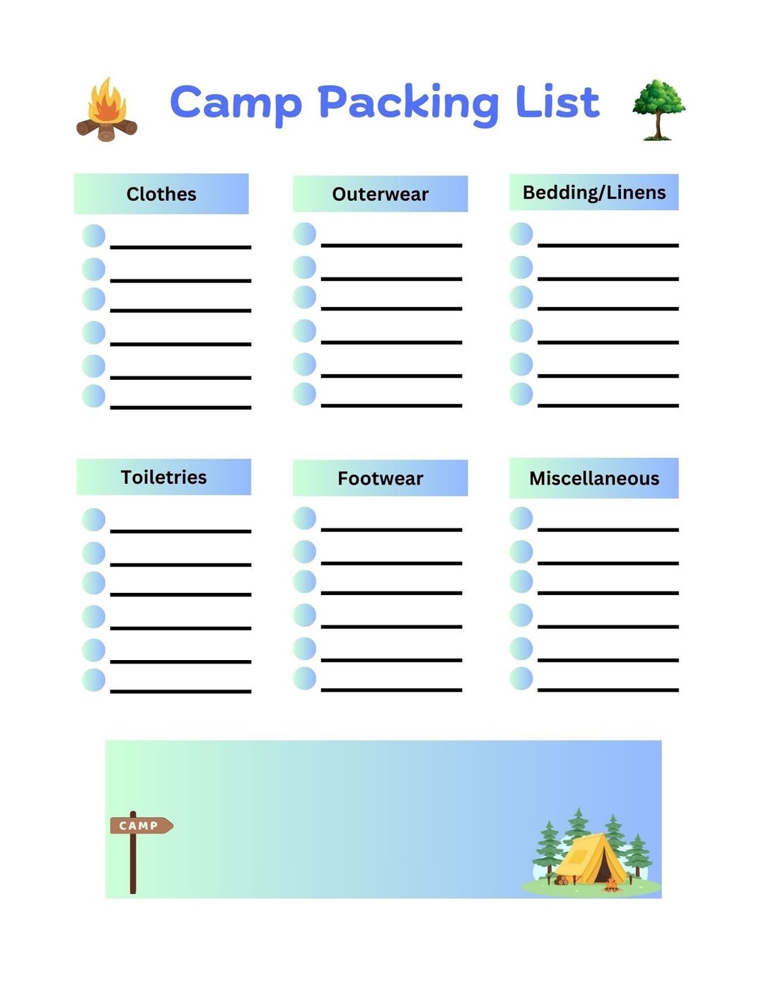 Camp Packing List blank Instant Digital Download - Etsy
