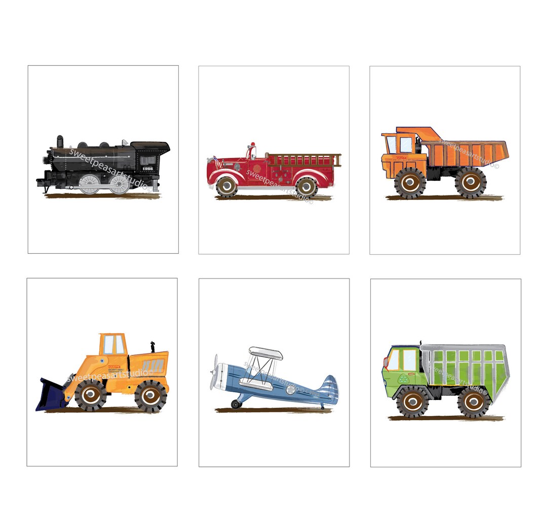 Transportation Art Prints, Vintage Retro Style Room Wall Decor, Boys ...