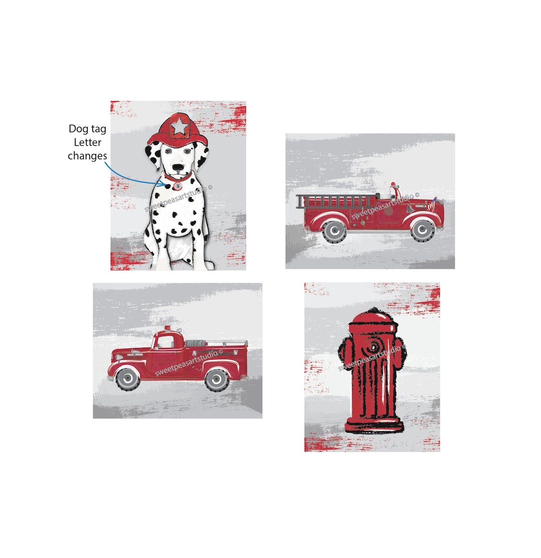 Fire Truck Wall Art Decor Dog Dalmatian Art Firefighter - Etsy