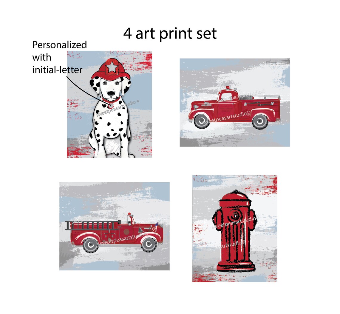 Fire Truck Art Decor Dog Dalmatian Art Firefighter Art Fire - Etsy